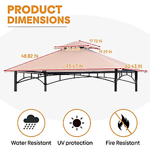 Warmally 8'x5' Grill Gazebo Canopy, Outdoor BBQ Gazebo with Hooks, Bottle Opener and 2 Led Lights, Double Tiered Patio Shelter Tent for Barbecues and Picnics (Beige, Straight Top)