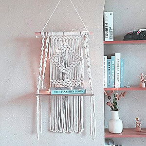 Single Tier Macrame Boho Wall Hanging Shelf, Handmade Bohemian Wooden Woven Plants Floating Shelves Decor,