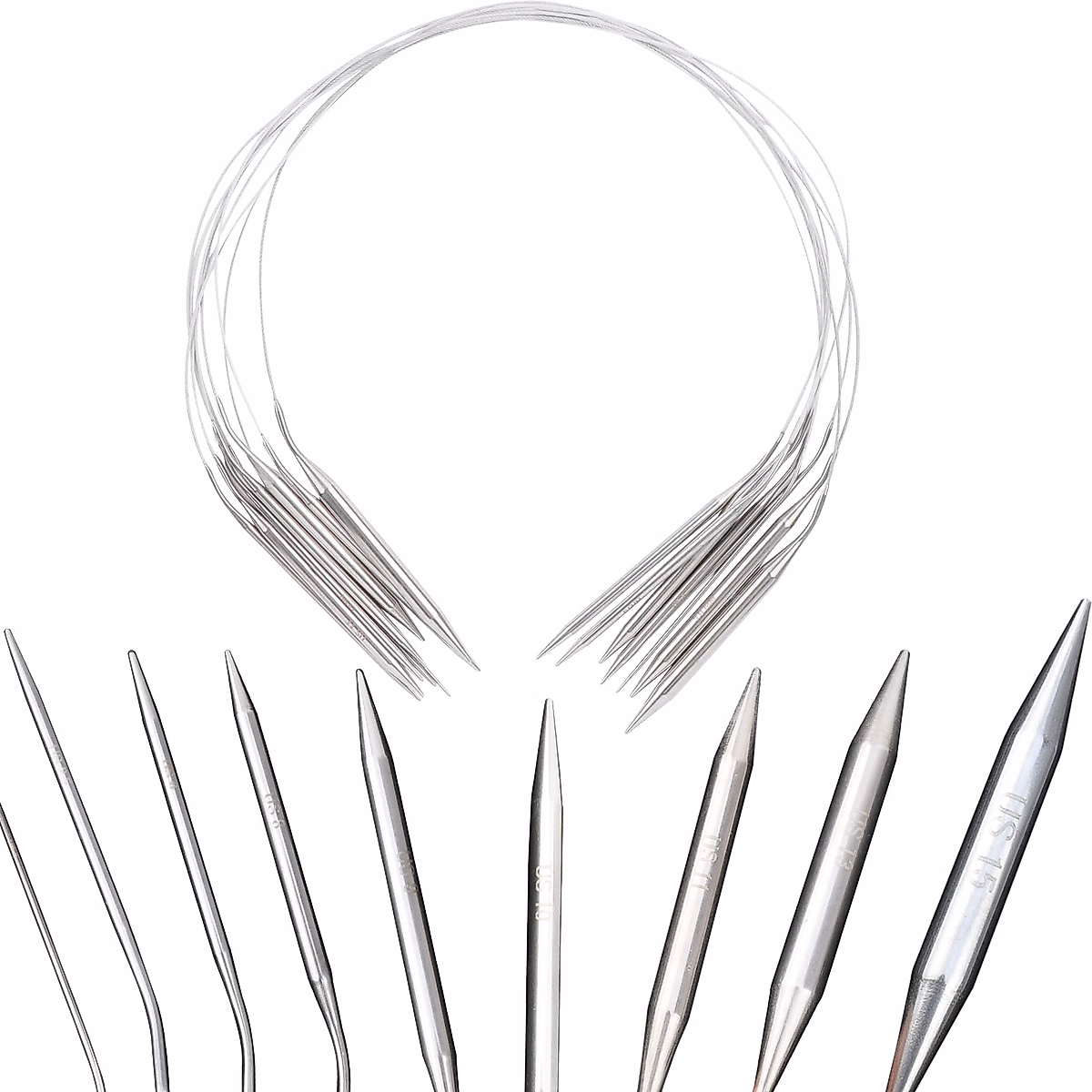 9 Pieces Size Marked US 0-15 Circular Knitting Needle Stainless Steel Knitting Needle Set for Beginner
