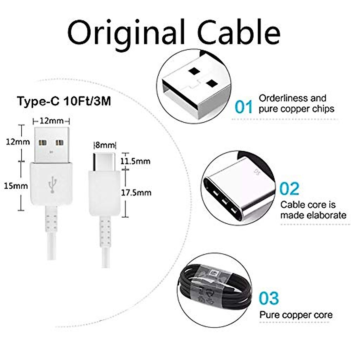 Original 10ft USB-C Cable Works for Microsoft Surface Duo with Fast Charging and Data Transfer. (White 3M)