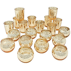 Just Artifacts 24pcs Assorted Gold Mercury Glass Votive Candle Holders (12pc 2-Inch Round, 12pc 2.75-Inch)