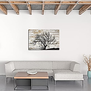 sechars - Black and White Tree in Sunrise on Rustic Wooden Background Canvas Print Winter Landscape Picture Canvas Prints Framed Ready to Hang Modern Living Room Home Ofiice Bedroom Wall Decor 24x36