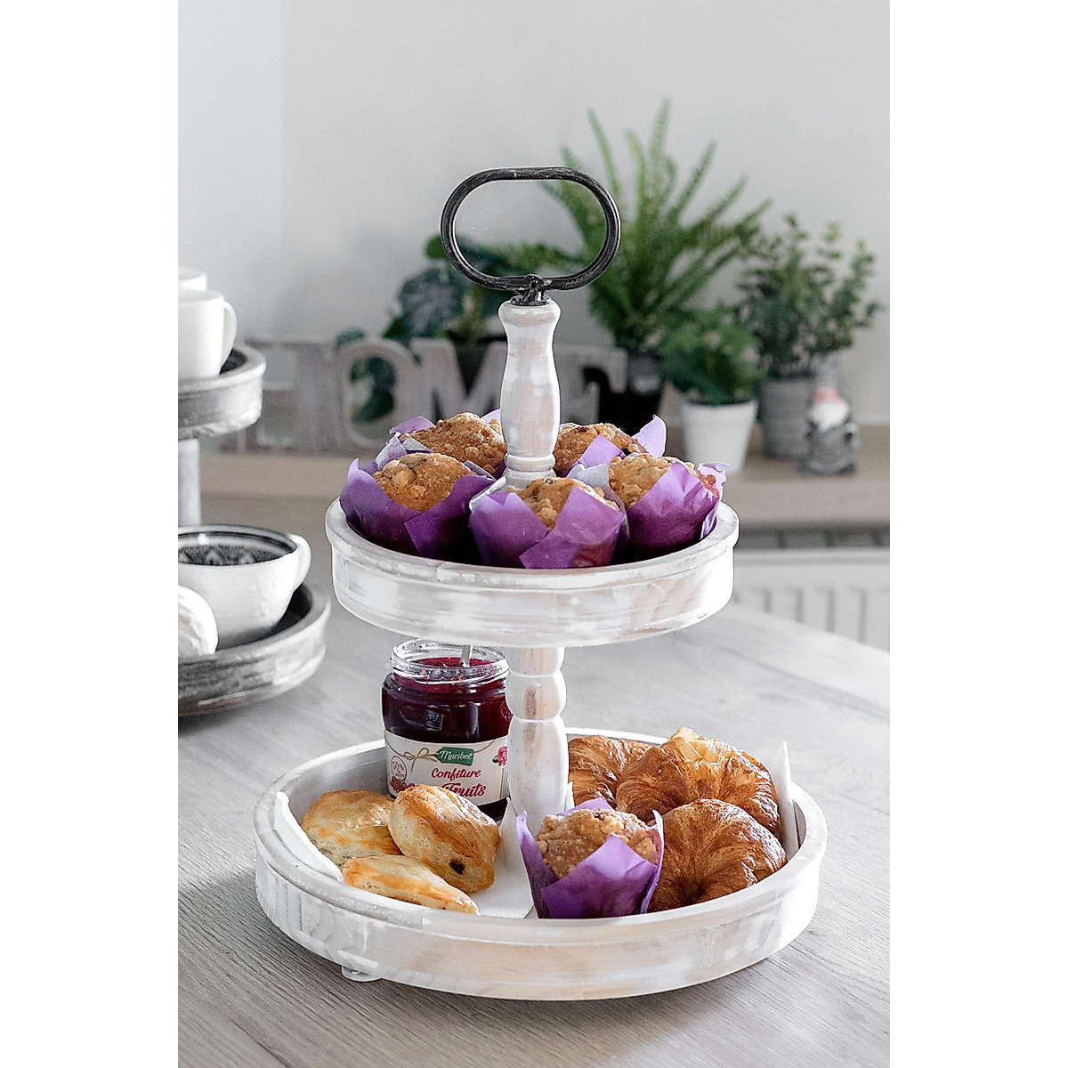 BonzaiKit Two Tier Wood Tray with Wooden Beads - Farmhouse Rustic 2 Tiered Serving Stand for Kitchen & Home Decor - Cupcake Stand with Metal Holder