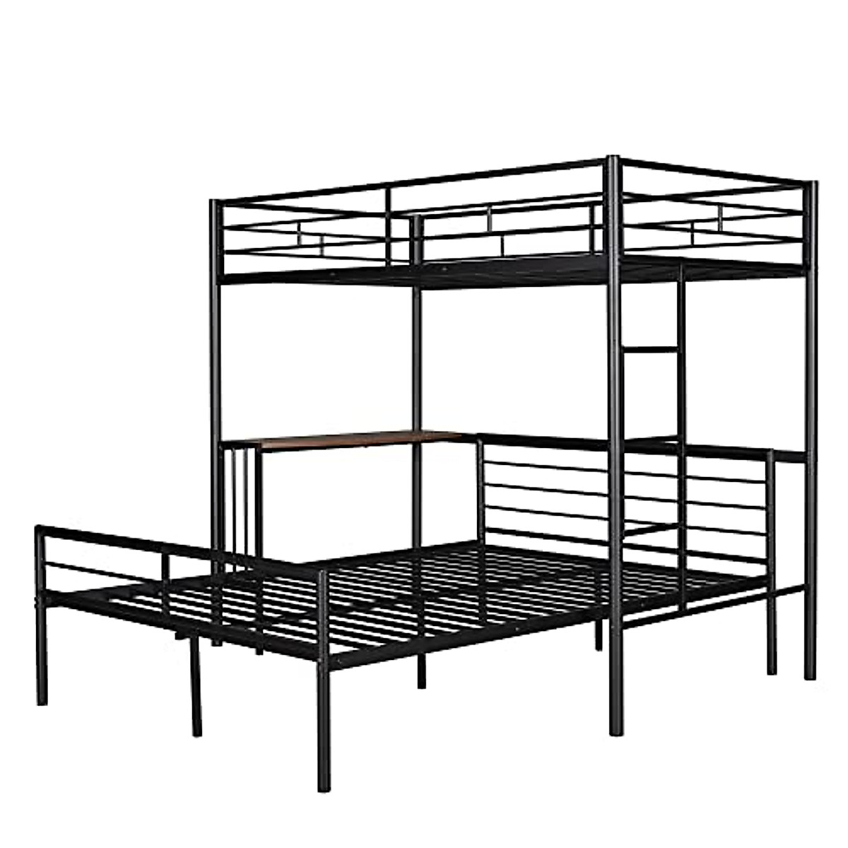 MOEO Twin Over Full Metal Bed with Desk and Ladder for Kids, Adults, Bedroom, Steel Bunk Bedframe w/Slats, No Box Spring Needed, White, Black