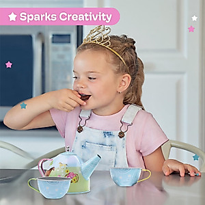 Jewelkeeper Toddler Toys Tea Set for Little Girls - 15 Pcs Tin Tea Set for Kids Tea Time Includes Teapot, 4 Tea Cup and Saucers Set and 4 Snack Plates , Horse Tea Party Set with Carrying Case