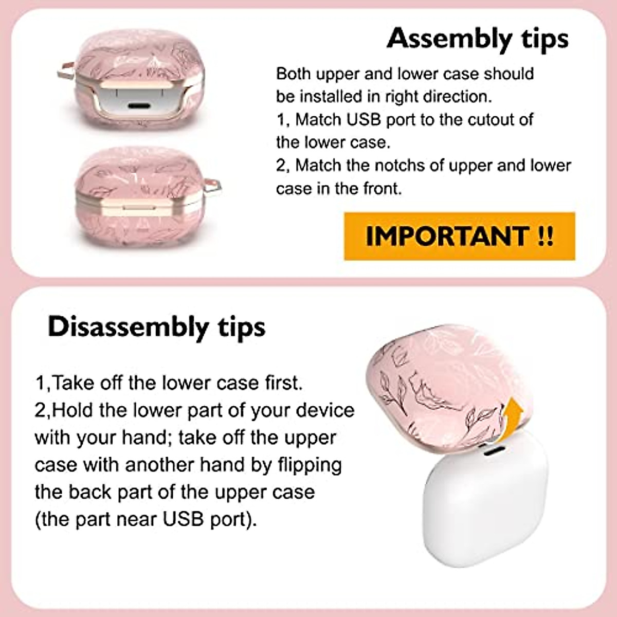 TATOFY Case for Galaxy Buds 2 Pro, Galaxy Buds 2, Galaxy Buds Pro, Galaxy Buds Live, Golden Leaf Golden Flower Hard Case with Carabiner, Support Wireless Charging, LED Visible (Pink & Golden)