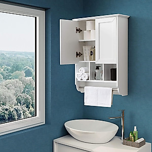 VANIRROR White Bathroom Wall Cabinet with Towel Bar,Wooden Medicine Cabinet Adjustable Shelves,23x32 Inch Kitchen Cabinet,Over Toilet Storage Cabinet for Bathroom,Kitchen,Laundry