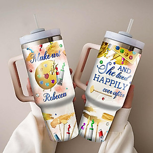 WAZONE Personalized Make Art And She Lived Happily Ever After Stainless Steel Tumbler 40oz with Handle and Straw Insulated Gifts Cool For Girl Painting Lover Painters Artists Teachers