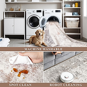 Washable 9x12 Area Rugs - Neutral Large Rugs for Living Room Abstract Soft Faux Wool Carpet for Bedroom Non Slip Stain Resistant Dining Room Rug Beige/Grey/Brown