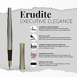 Wordsworth & Black Fountain Pen Set, Medium Nib, Includes 24 Ink Cartridges and Ink Refill Converter, Gift Case, Journaling, Calligraphy, Smooth Writing Pens [Silver Gold], Perfect for Men and Women