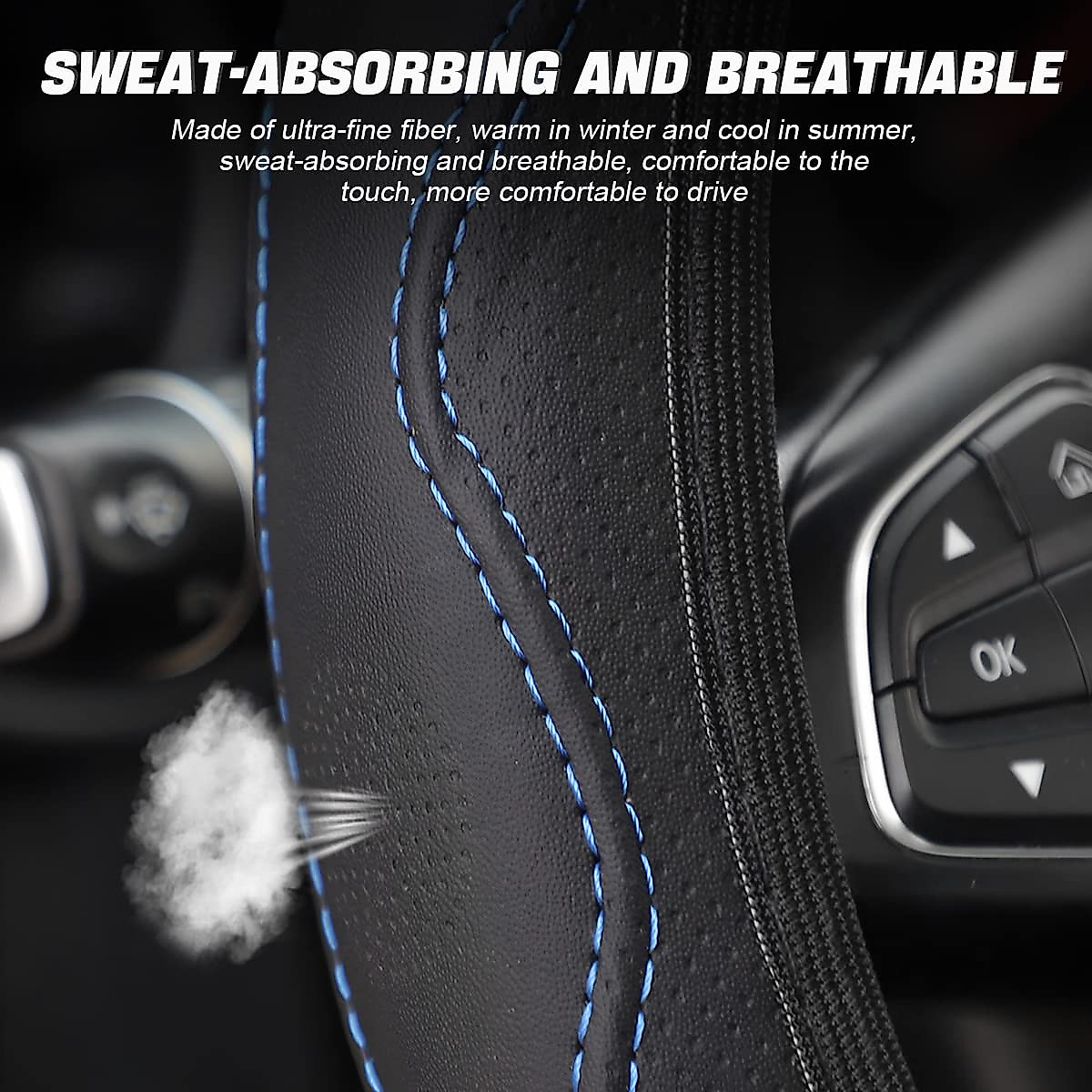 LoyaForba Car Steering Wheel Cover, Non-Slip Microfiber Leather Steering Wheel Cover, Breathable Vehicle Soft Handle Protector, Universal Automotive Interior Accessories for Women Men Girls (Blue)