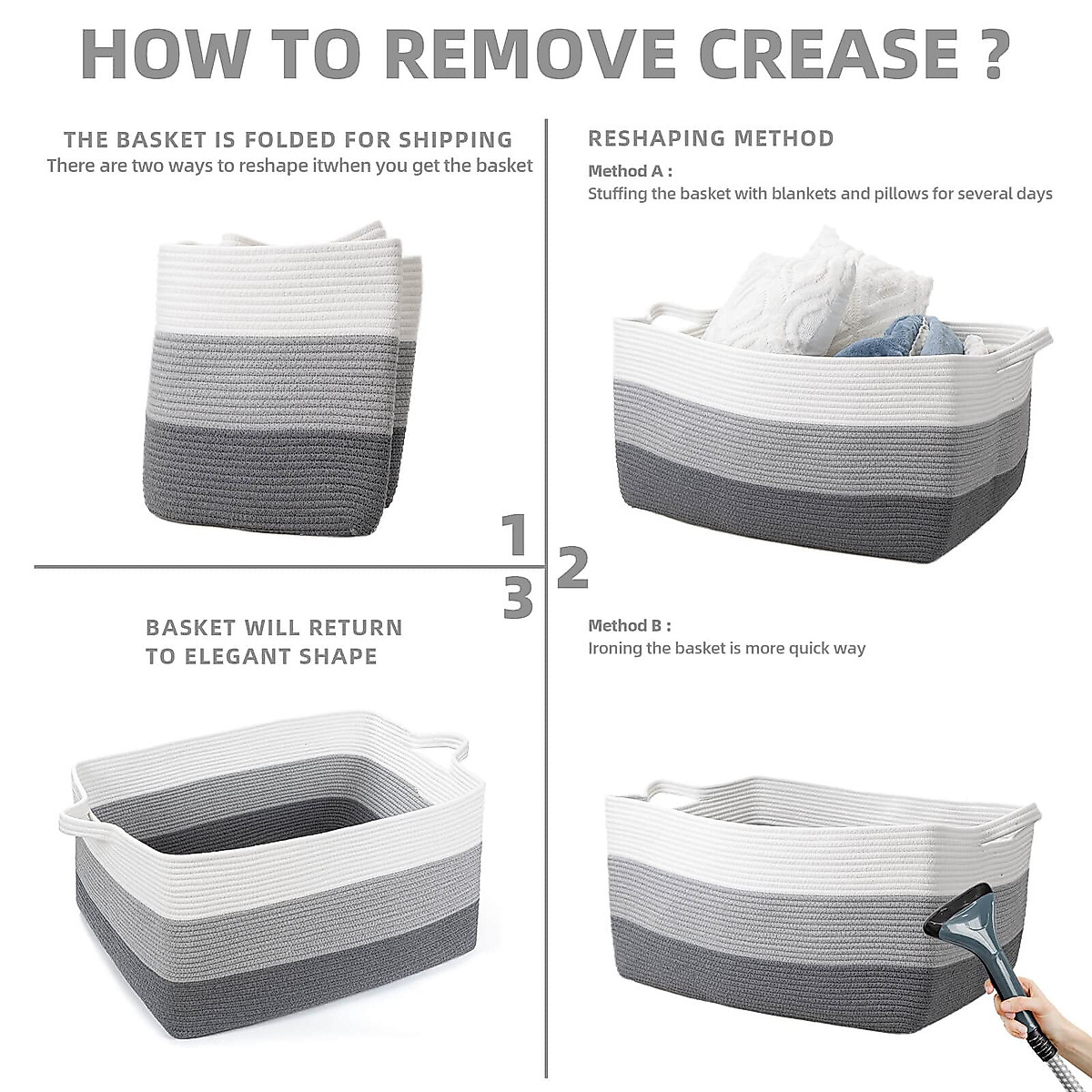 ZLG Big Toy Storage Bin Grey Rectangle Basket 72L Square Laundry Basket Rope Living Room Blanket Basket Pillow Basket for Bedroom Nursery Storage Bin with Handles, 22 x 17 x 12 inches