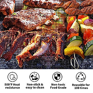 Grill Mesh Mat Set of 3 - Heavy Duty BBQ Non-stick Cooking Sheet Liners Reusable Teflon Barbecue Grilling Net for Outdoor Smoker, Pellet, Gas, Charcoal Grills - 11.8x13.8
