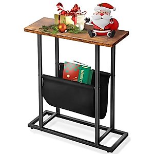 MULISOFT Side Table for Small Spaces, End Table with Magazine Holder, Narrow Side Table for Living Room, Small Table with Metal Frame, Small Bedside Tables for Bedroom, Slim Couch Side Table