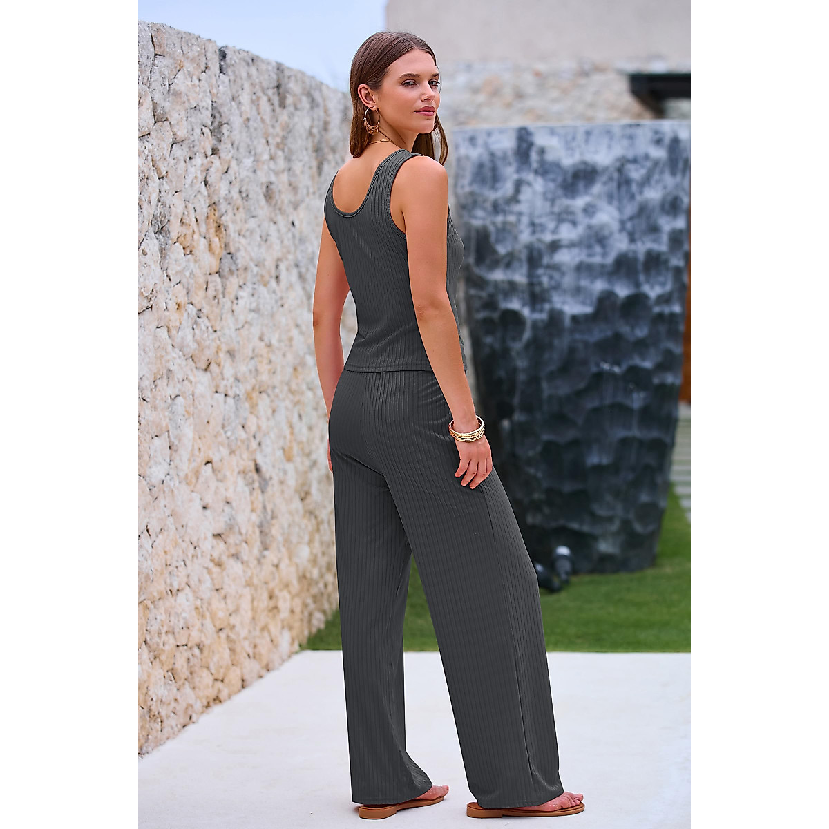 PRETTYGARDEN Women's Summer Casual Two Piece Outfits Sweatsuits Tank Scoop Neck Ribbed Knit Long Pants Tracksuits (Light Grey,X-Large)