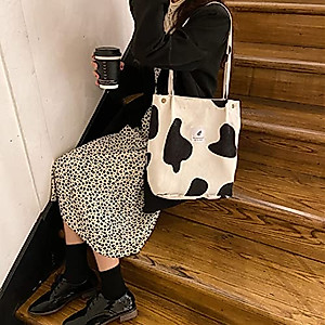 Wisexplorer Women Corduroy Tote Handbag with Inner Pockets, Fashion Washable and Ecofriendly, Perfect Grocery Bag for Shopping Travel School and So on(Cow white)