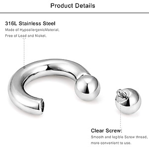 Lcolyoli PA Ring-Internally Threaded Circular Horseshoe Barbells CBR for Women Men 316L Surgical Steel Genital Piercing Body Jewelry 4G 12mm Silver-tone Black Screw Balls
