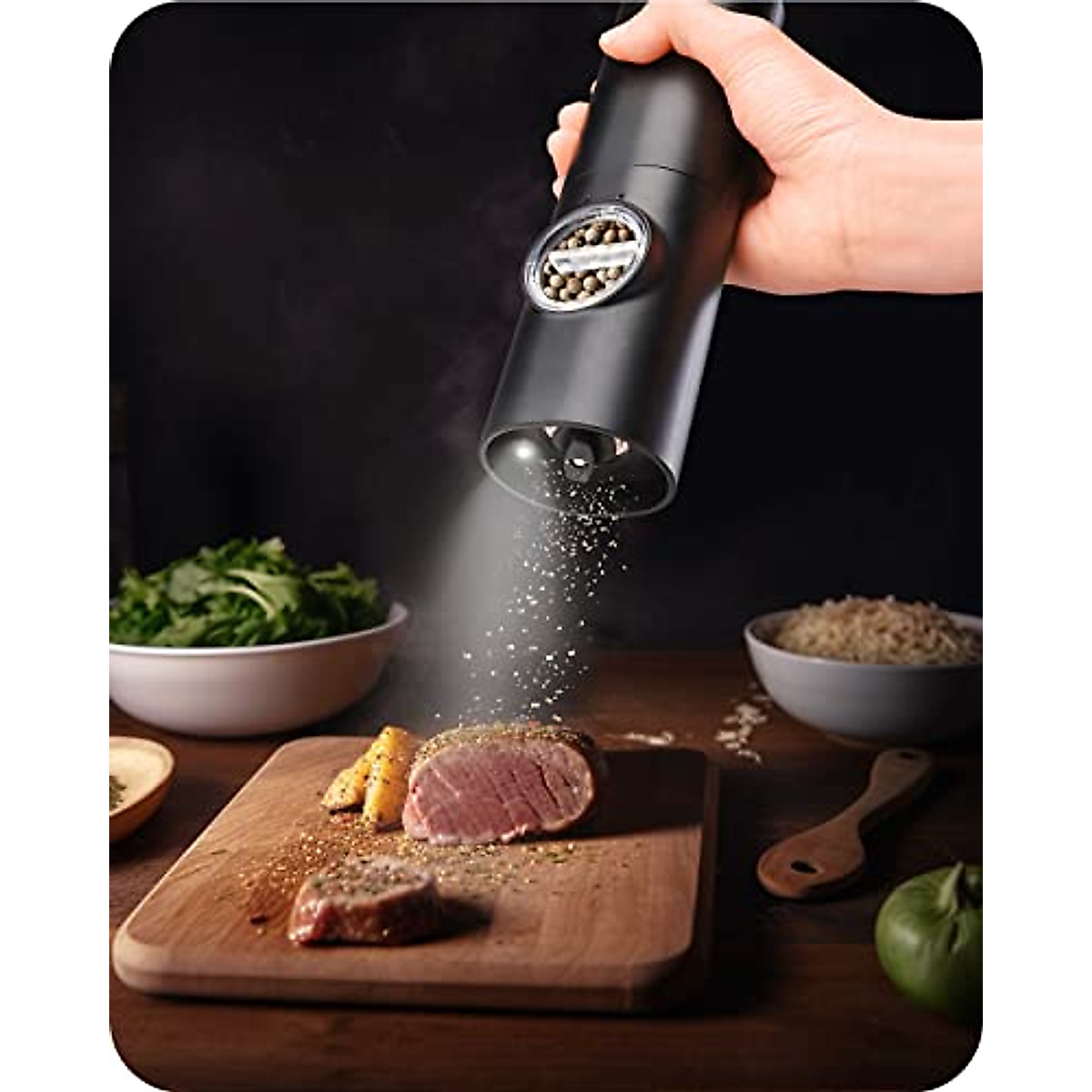 Sangcon Automatic Salt and Pepper Grinder Set, Battery Operated Black Pepper Grinder(without Battery), Kitchen Gadget with White Led Light, Adjustable Coarseness, One-handed Operation, 2 Pack