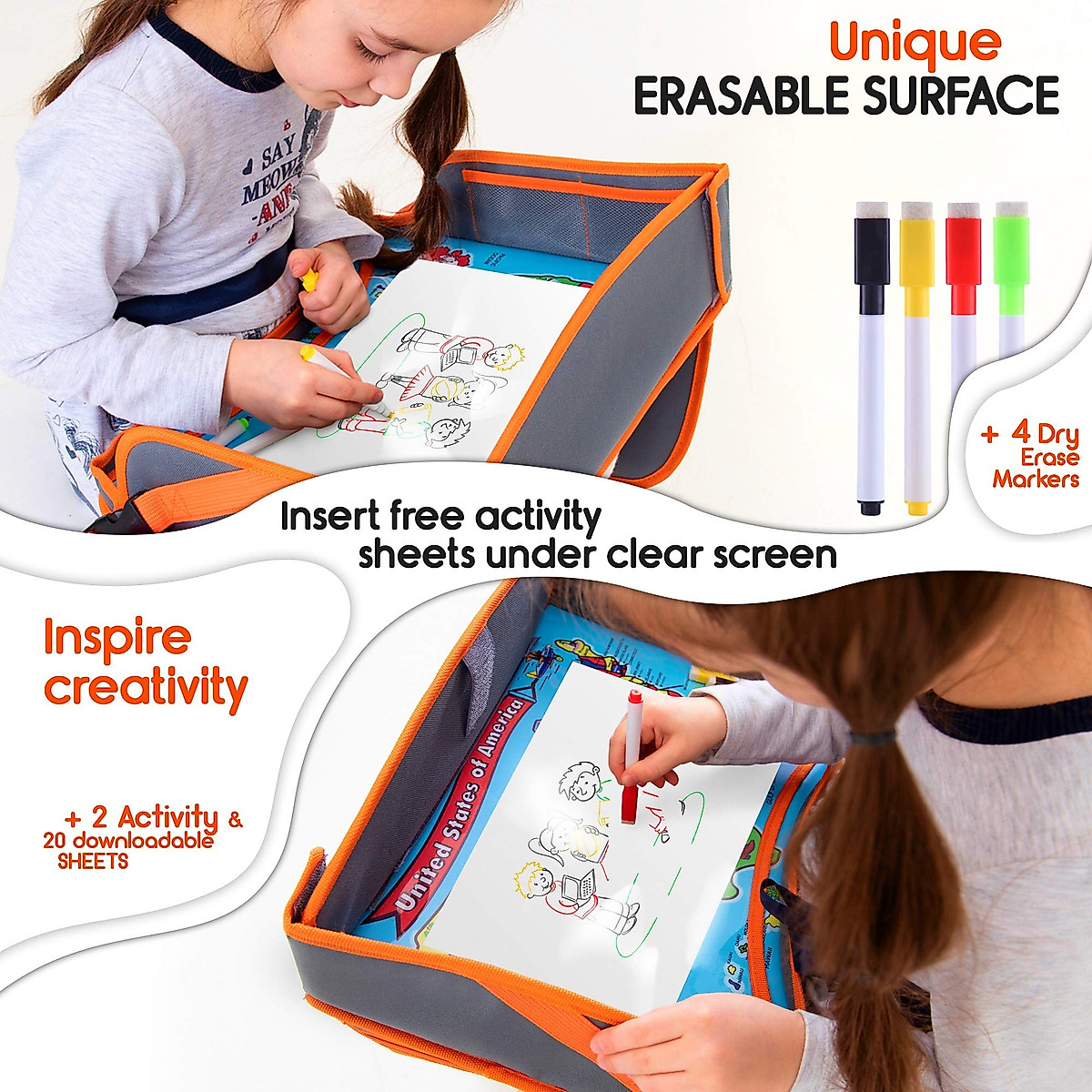 ECOFANTASY 2 PK Kids Travel Tray w/Dry Erase Top - Car Seat Travel Tray Table for Toddler - Travel and Road Trip Essentials Kids - Car Lap Desk with Storage