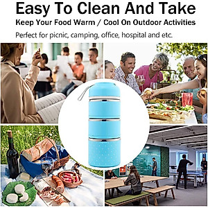 TiLeMiun 3-Tier Thermal Lunch Box For Food, Portable Insulated Lunch Container, Stackable Bento Lunch Box For Aldults To Work, Leakproof Stainless Steel Food Container With Bag & Utensils (Blue 71oz)