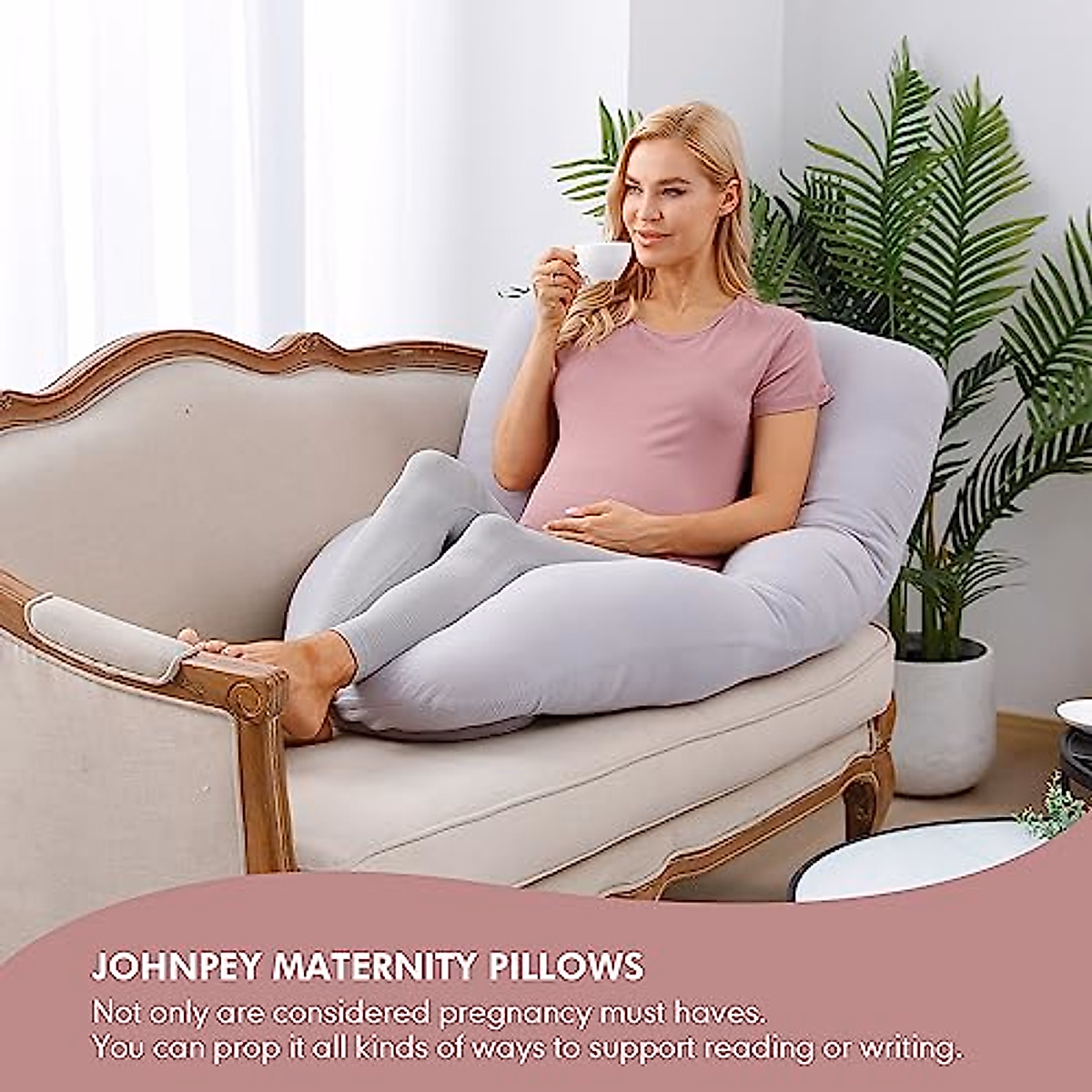 JOHNPEY Pregnancy Pillow for Sleeping Cooling, 100% Muslin Full Body Maternity Pillow, Support for Back, Legs, Belly, HIPS - Side Sleeper Pillow (LightGray,55in)