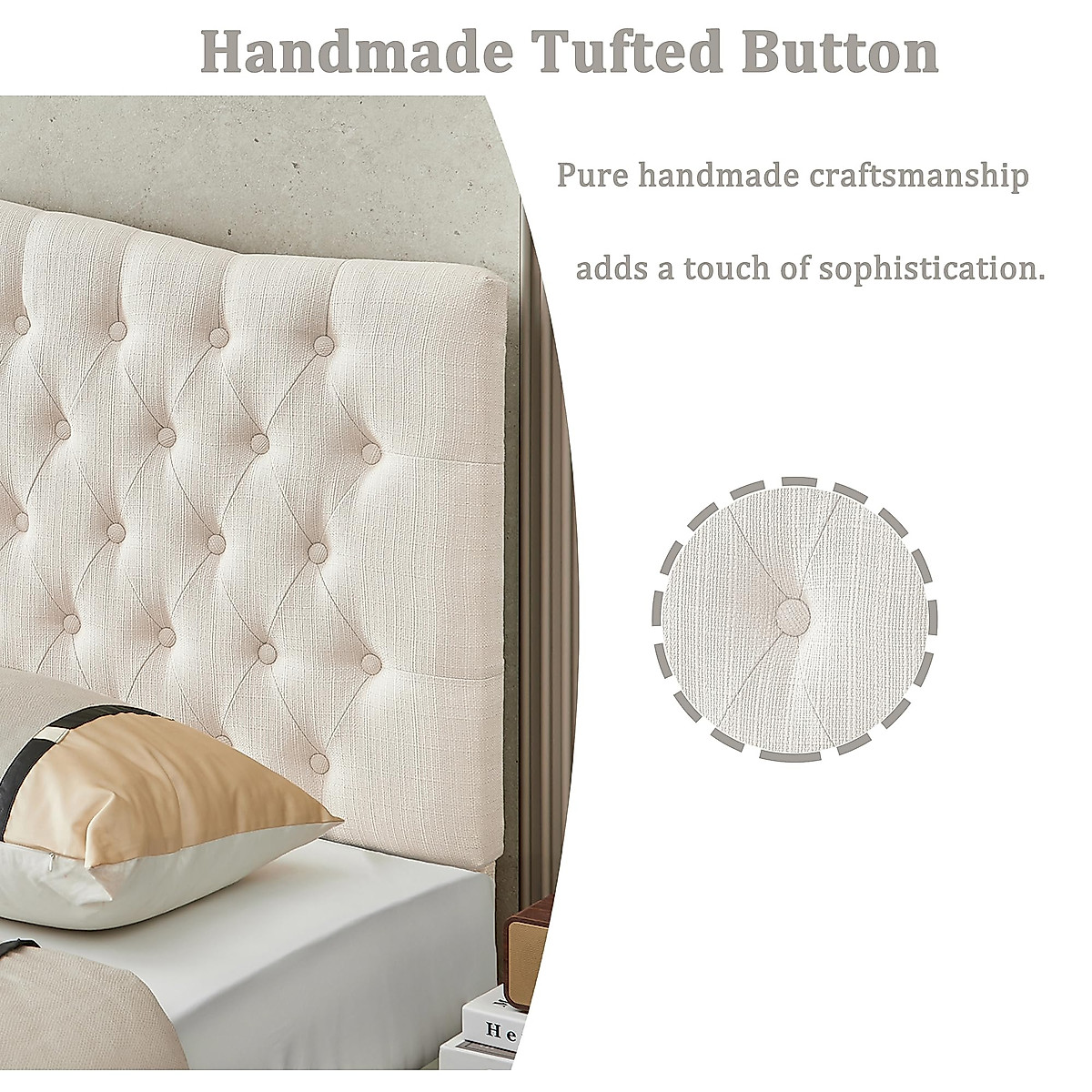 Befurtori Linen Upholstered Queen/Full Headboard, Tufted Button Headboard for Queen/Full Bed, Curved Integrated Design with Tufted Solid Wood Head Board and Luxury Soft Padded, Ivory