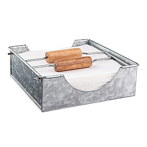 Royalty Art Galvanized Napkin Holder with Dual Wooden Handles - Rustic Square Design for Country Style Kitchens and Dining Rooms - Heavy-Duty Paper Storage for Indoor and Outdoor Use