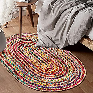 KEMA Jute Cotton Multi Chindi Braid Rug 2X3' Feet, Multi Color, Hand Woven & Reversible for Living Room Kitchen Entryway Rug,Jute Burlap Cotton Rag Rug 24x36 inch, Farmhouse Rag Rug, Rustic Rug