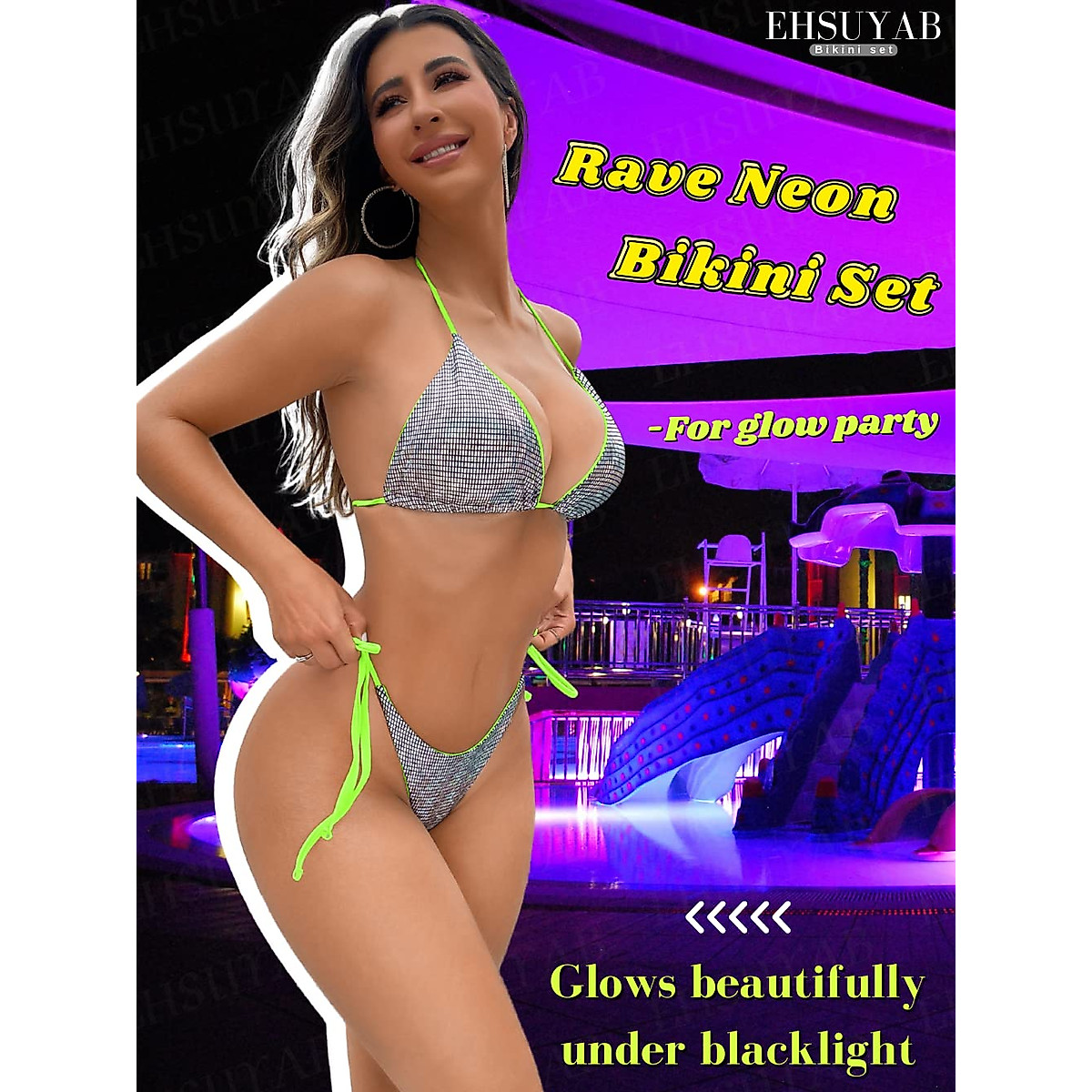 EHSUYAB Sexy Bikini Set, Thong String Triangle High Cut Metallic Bathing Suits for Women 2 Piece Bikini, Bralette Halter Tie Sparkly Padded Swimsuit Boudoir Beach Neon Green Silver Medium