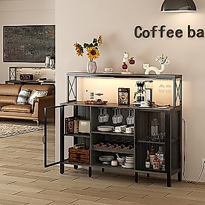 WASAGUN Liquor Cabinet Bar for Home, Wine Bar Cabinet with Rack and Holder, LED Bar Cabinet, Coffee Bar Cabinet with Storage, Liquor Alcohol Bar Cabinet, Grey