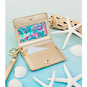 Lilly Pulitzer Snap ID Card Case, Cute Blue Keychain Wallet, Slim Credit Card Holder with Wristlet Strap, Golden Hour