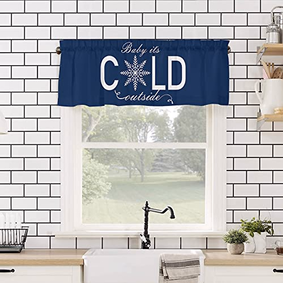 Kitchen Curtain Valances for Windows, Christmas Valance Curtains Rod Pocket Window Curtain Bathroom Window Valance for Bedroom 54"x18" Cold Winter Snowflakes Blue Backdrop