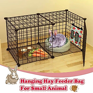 YOLAGGOY Small Animal Hay Feeder, 2 Holes Hanging Rabbit Hay Feeder Bag for Rabbit Small Animal Chinchilla with 1 Grind Teeth Stone(Strawberry)