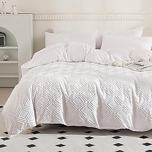 JELLYMONI Bright White Duvet Cover Queen Size - 3PCS Microfiber Tufted Duvet Cover Set, Boho Textured Duvet Cover Jacquard Rhombus Geometric Pattern Duvet Cover with Corner Ties & Zipper Closure