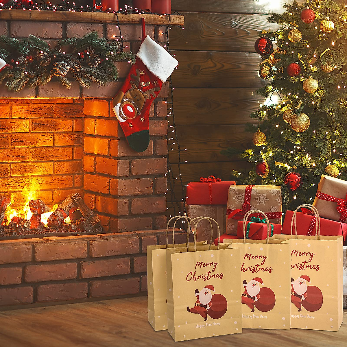 Ronvir 50Pcs Christmas Paper Bags, 7.2 x 3.2 x 8.8 inch Gift Bags Medium, Christmas Treat Bags, Xmas Goodie Bags With Handles Bulk For Christmas, Party