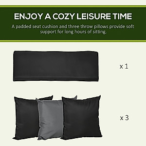 Outsunny 3-Seat Patio Swing Chair, Porch Swing Glider with Cushion, 3 Throw Pillows & Adjustable Canopy for Porch, Garden, Poolside, Backyard, Black