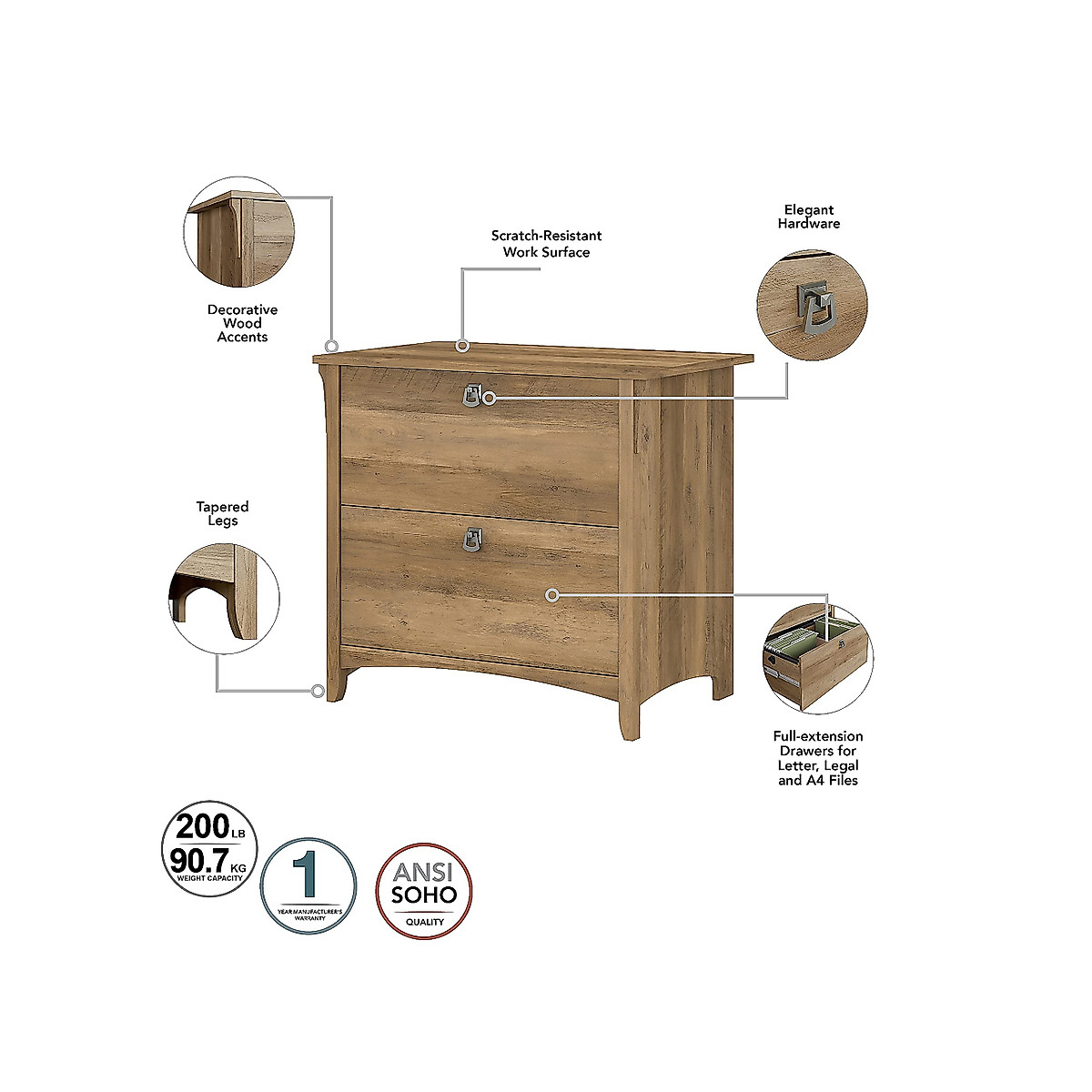 Bush SAF132RCP-03 Salinas 2-Drawer Lateral File Cabinet, Letter/Legal, Reclaimed Pine, 31.73-Inch