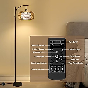 LAMSU Arc Floor Lamp with Remote Control, Boho Rattan Floor Lamps, Dimmable Farmhouse Standing Lamp with Bulb, Rattan Fabric Double Shades, Rustic Adjustable Tall Lamps for Living Room Bedroom Office