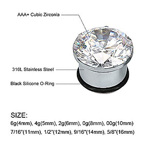 ZS Single Flare Ear Plugs Stainless Steel Ear Gauges Clear CZ Earring Gauge with O-Ring Stretcher Expander Piercing for Men and Women