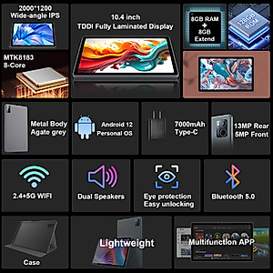 2024 Newest Android 12 Tablet, 10.4 inch Tablet, 16GB+128GB Tablet with 1TB Expand, Octa Core Processor Android Tablets, 2000 * 1200 FHD, 2.4G/5G WiFi 6, 7000mAh, BT 5.0, 5MP+13MP Dual Camera,Games