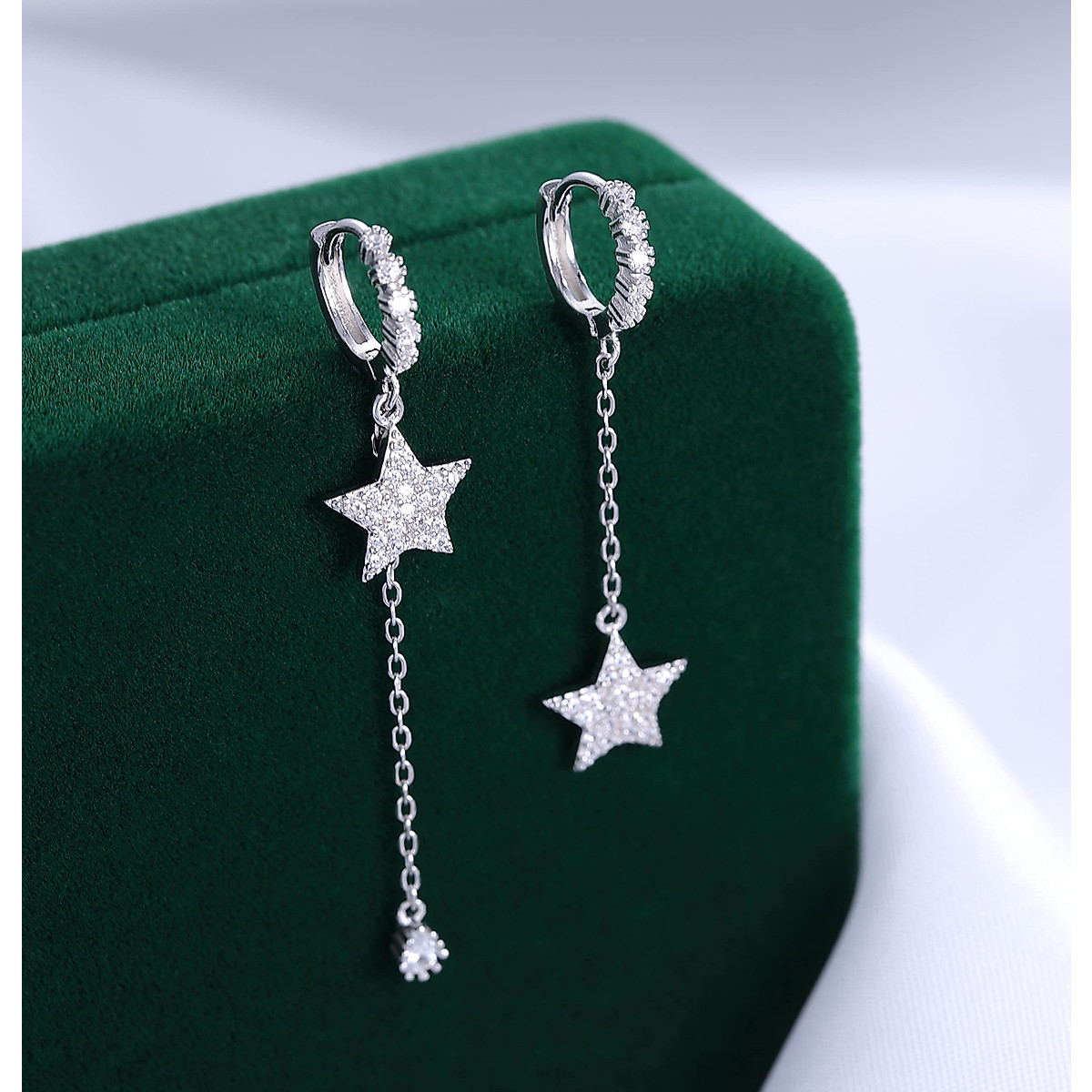 SLUYNZ 925 Sterling Silver CZ Star Dangle Hoop Earrings for Women Asymmetric Star Earrings Chain (A-Silver)