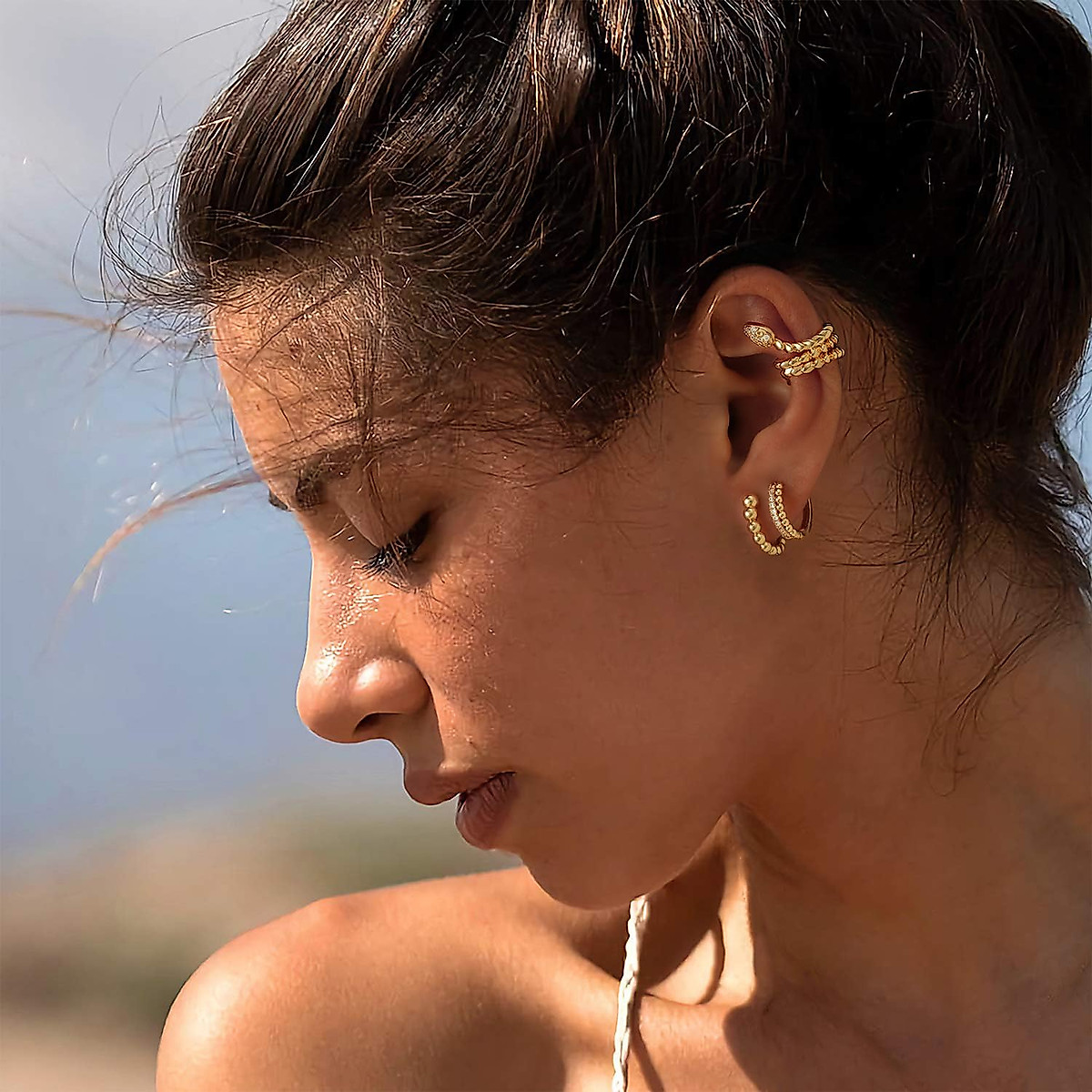 MYEARS Women Gold Huggie Hoop Beaded Earrings Ear Stud Cuff 14K Gold Plated Small Simple Minimalist Hypoallergenic Everyday Jewelry