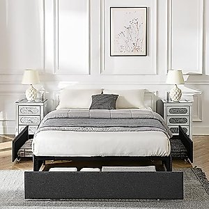 Queen Bed Frame with 3 Storage Drawers, Fabric Upholstered Platform Bed Frame Queen Size Queen No Fixed Headboard,Strong Matel Frame and Wooden Slats Support No Nosie No Box Spring Needed (Queen)
