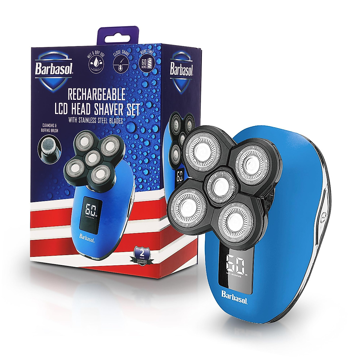 Barbasol Signature Series Rechargeable Wet and Dry Rotary Head Shaver with Stainless Steel Blades, Cleansing/Buffing Brush and LCD Screen