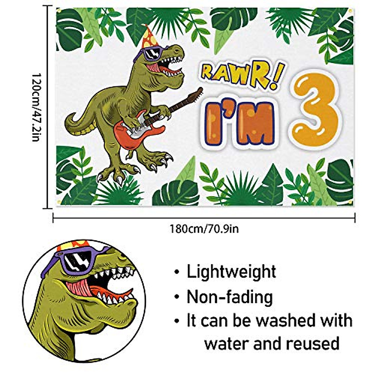 PAKBOOM Rawr I'm 3 Backdrop Banner - 3rd Third Dinosaur Birthday Decorations Party Supplies for Boys - 3.9 x 5.9ft