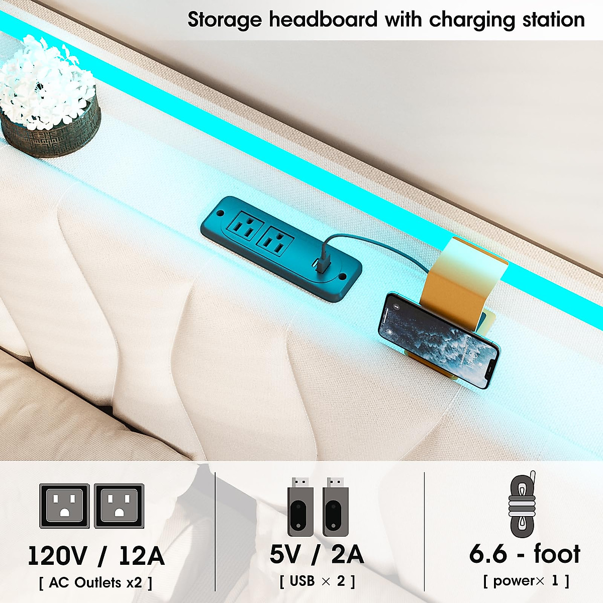 Queen Size Lift Up Storage Bed Frame with Adjustable Headboard, Charging Station, LED Lights, Wood Slats, Noise-Free, No Box Spring Needed, Beige