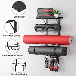 Yoga Mat Holder Wall Mount, Yoga Accessory Mat Storage Rack, Home Gym Accessories Organizer, Floating Shelf and Hooks for Hanging Foam Roller/Band/Workout Equipment at Pilates Fitness Class