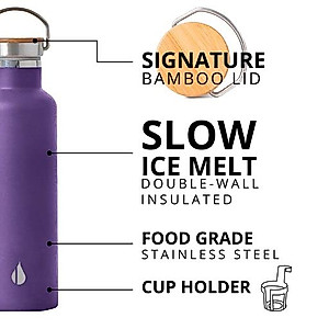 Elemental Classic Insulated Water Bottle, Leak Proof Thermos Water Bottle with Bamboo Lid and Metal Ring, Reusable Insulated Stainless Steel Water Bottle, 25oz - Purple