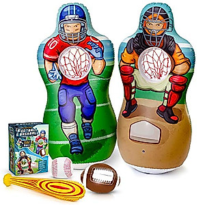 Super Pumped! Inflatable Double-Sided Baseball & Football Target Set - Blow Up Toy with Soft Football, Baseball & Inflatable Bat - Fun Toss Games for Indoor, Outdoor, Backyard & Party Favor - 5 Feet