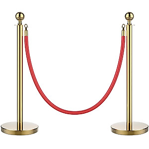 Yaheetech 2pcs Stainless Steel Stanchion Posts - 6.6FT Extended Red Velvet Rope Retractable Barriers Ropes Safety Barriers Set with Stable Base for Party Supplies Theater Hotels Clubs Museums, Gold